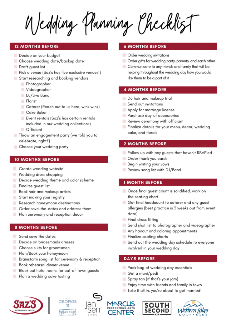 Saz’s Wedding Planning Checklist - Saz's Hospitality Group